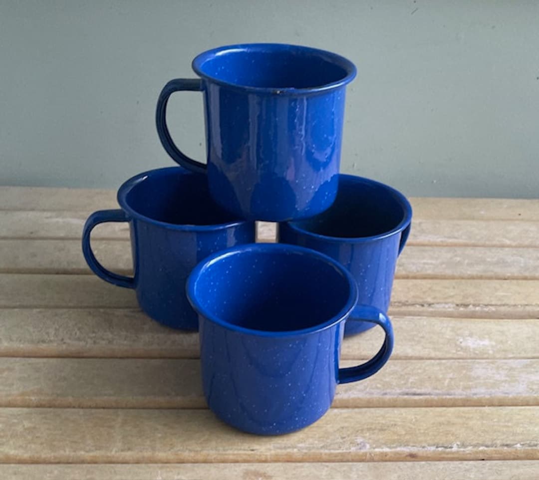 Set of Four Vintage Blue Speckled Enamel Coffee Cups - Etsy