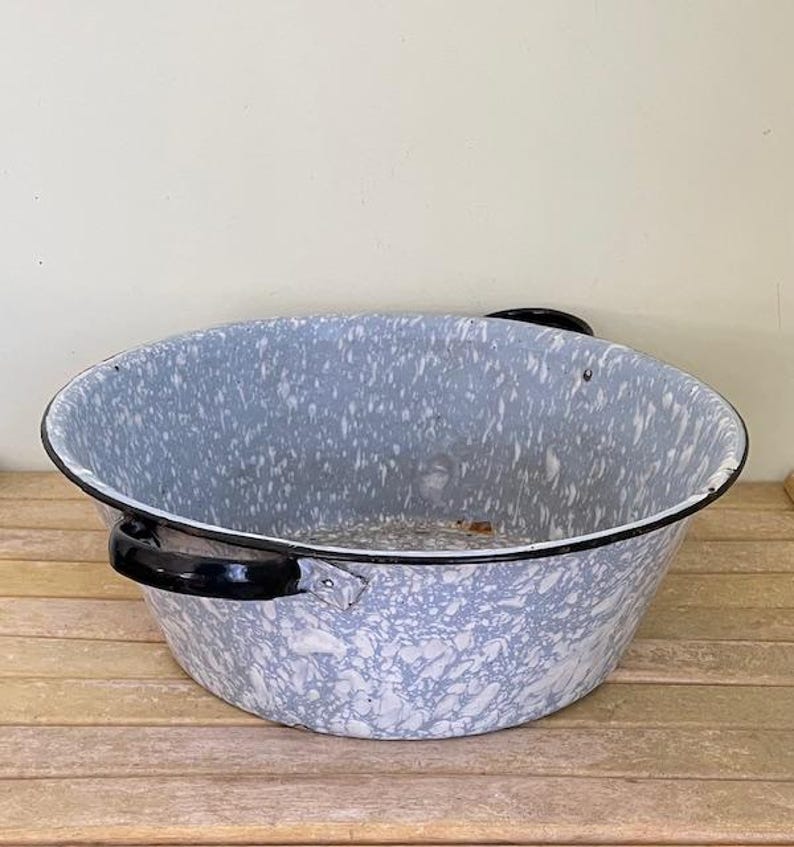 Large Vintage Enamel Wash Basin With Handles, Blue and White Swirl With ...