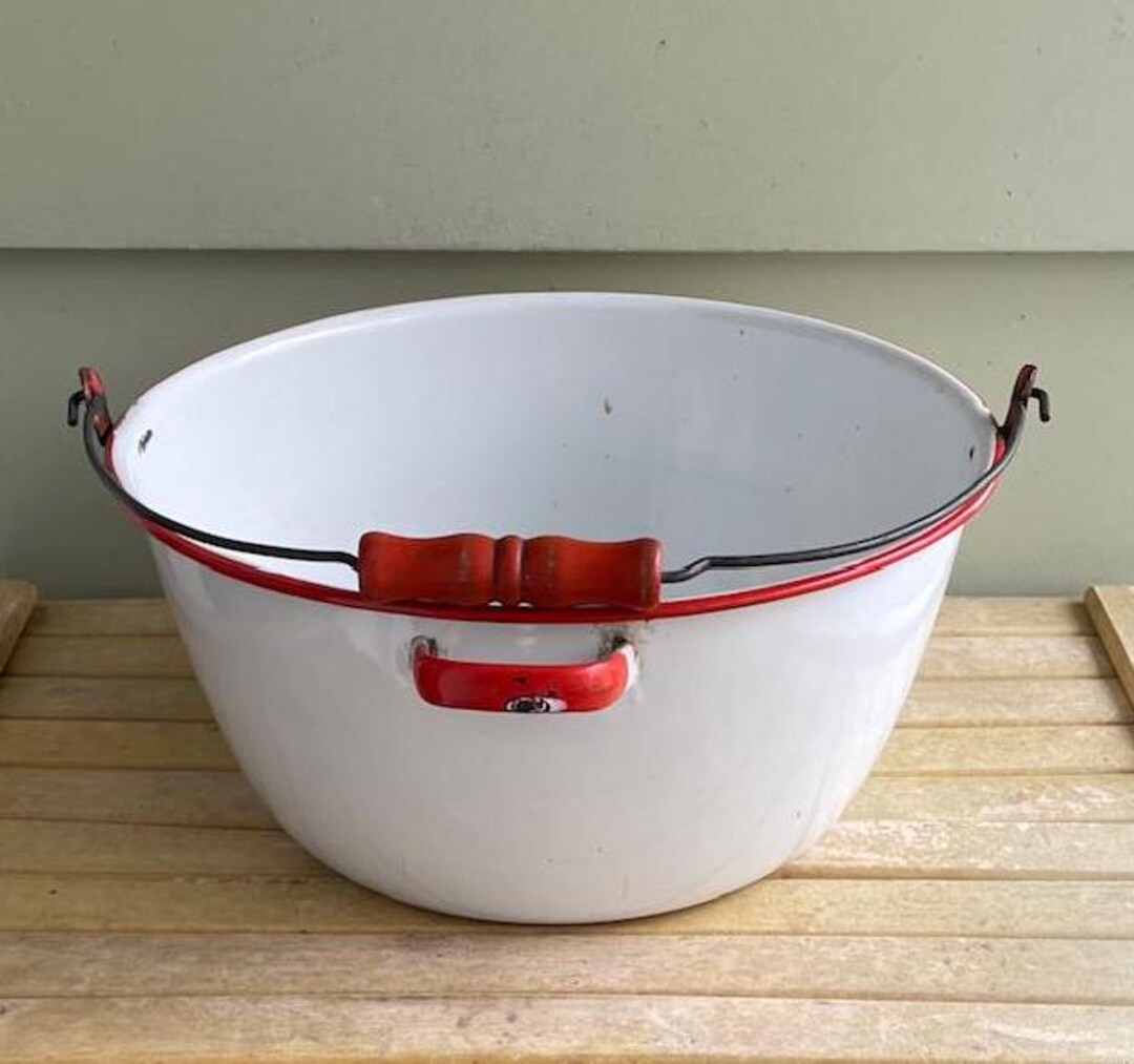 White Enamelware Bucket With Handle, Vintage White With Black Trim ...