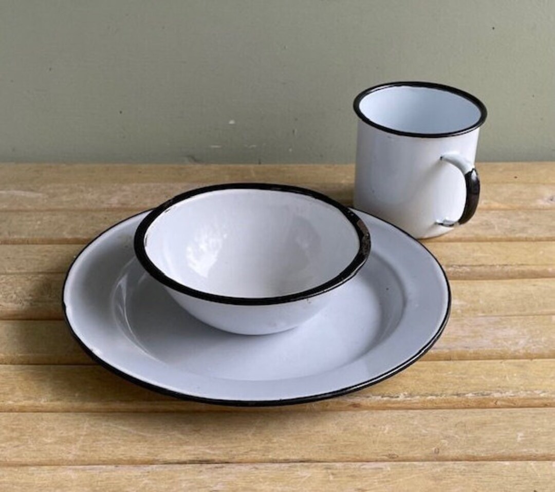 Vintage Enamel Bowl, Plate and Coffee Mug - Etsy