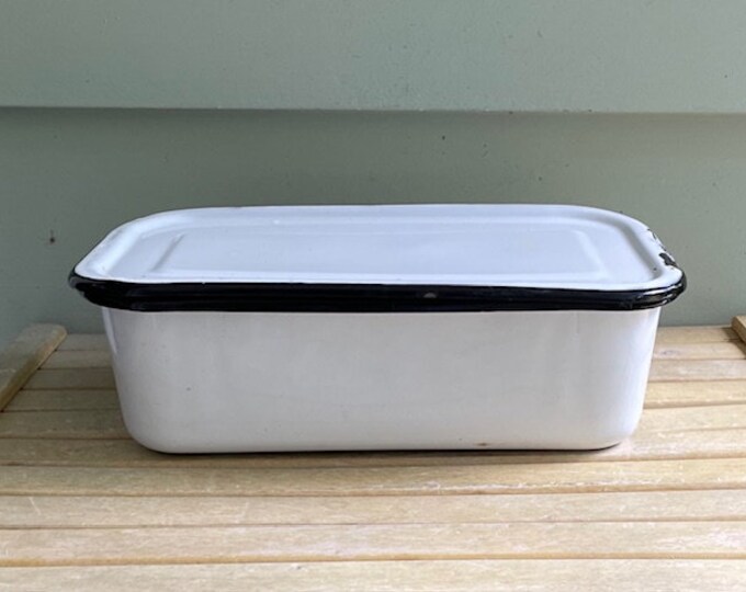 Enamel Refrigerator Container, Vintage White With Black Trim Enamelware ...