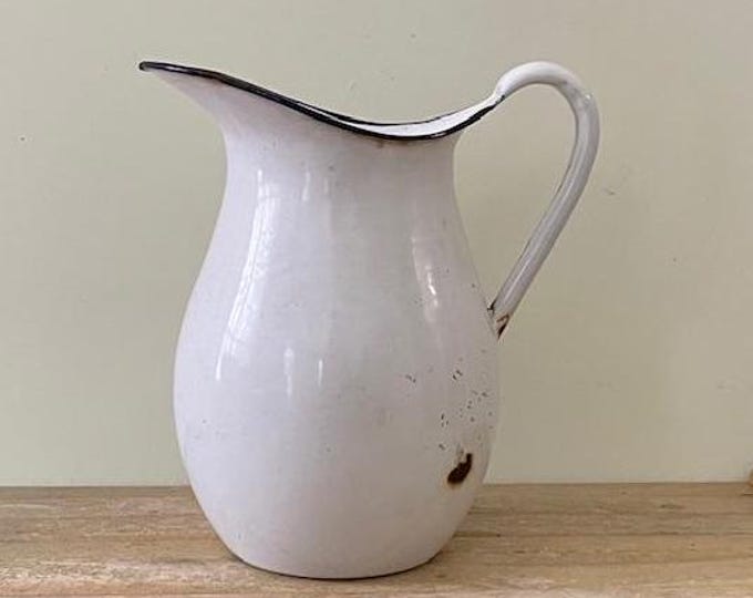 Vintage Enamel Water Pitcher, White With Blue Trim Enamelware - Etsy
