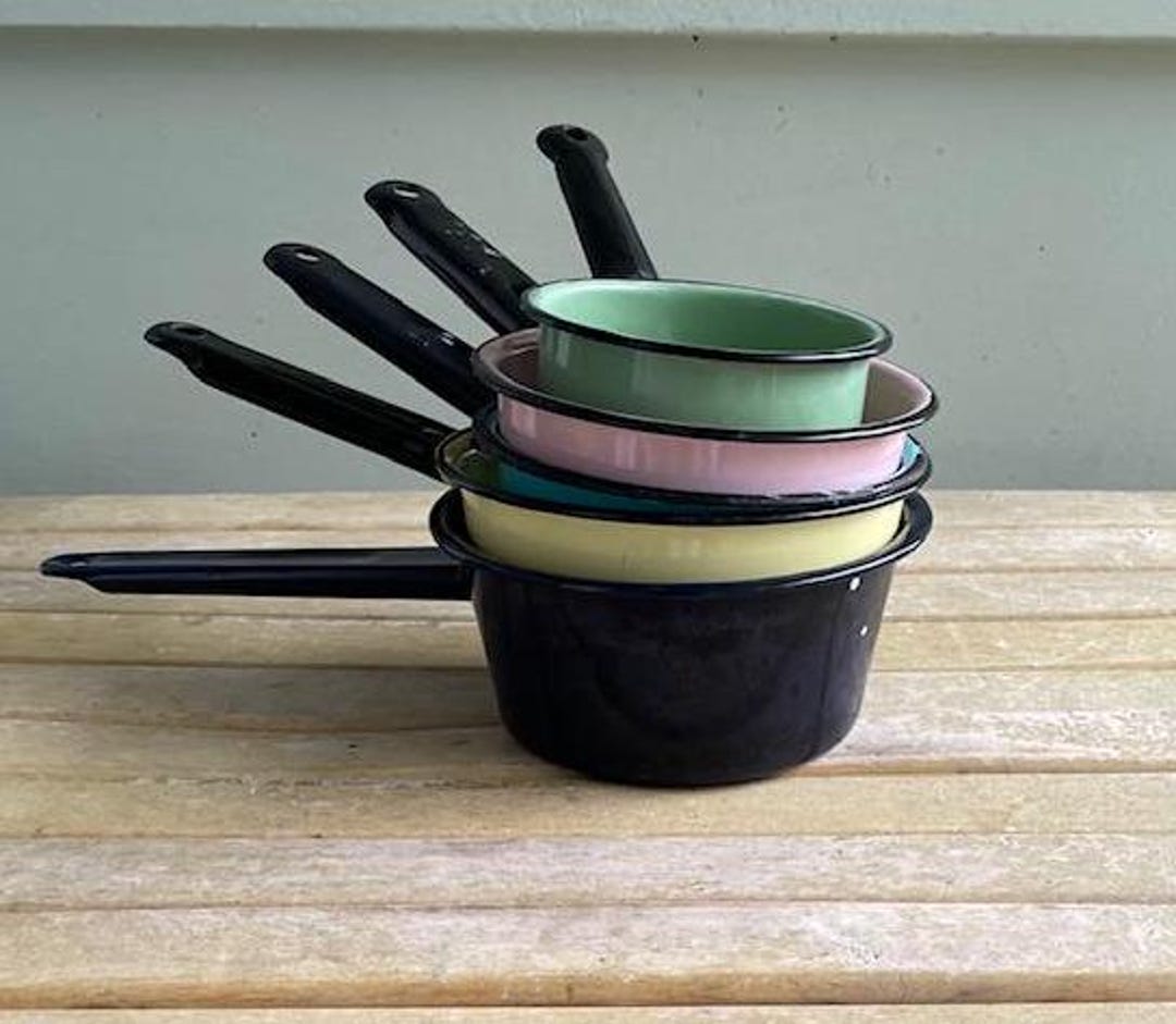 Collection Five Vintage Enamel Saucepans, Colorful Enamel Kitchen Pans ...