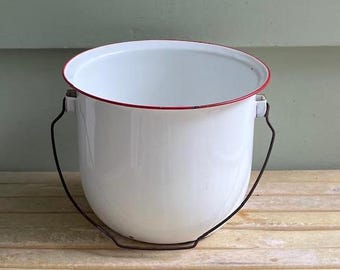 White With Red Trim Enamel Bucket, Farmhouse Enamelware - Etsy