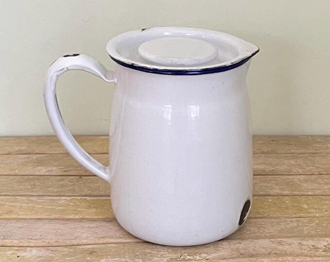 Vintage Enamel Pitcher With Lid, White With Blue Trim Enamelware - Etsy