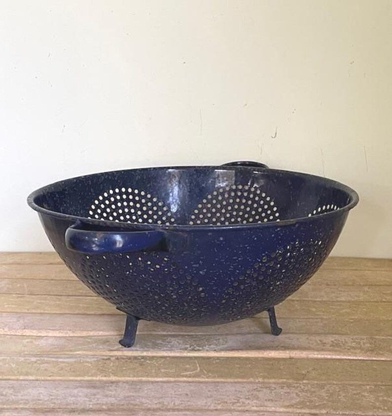 Vintage Graniteware Strainer, Blue Speckled Enamel Colander, Farmhouse ...
