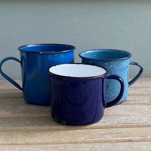 Set of Three Mismatched Blue Enamel Mugs, Vintage Enamelware - Etsy