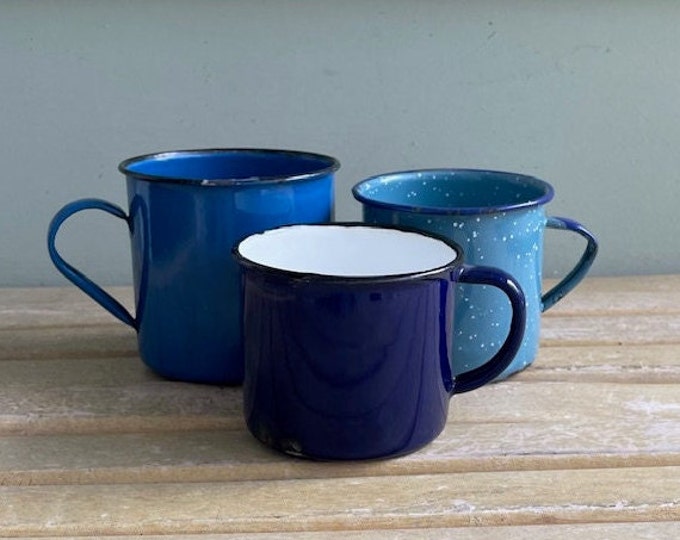 Set of Three Mismatched Blue Enamel Mugs, Vintage Enamelware - Etsy