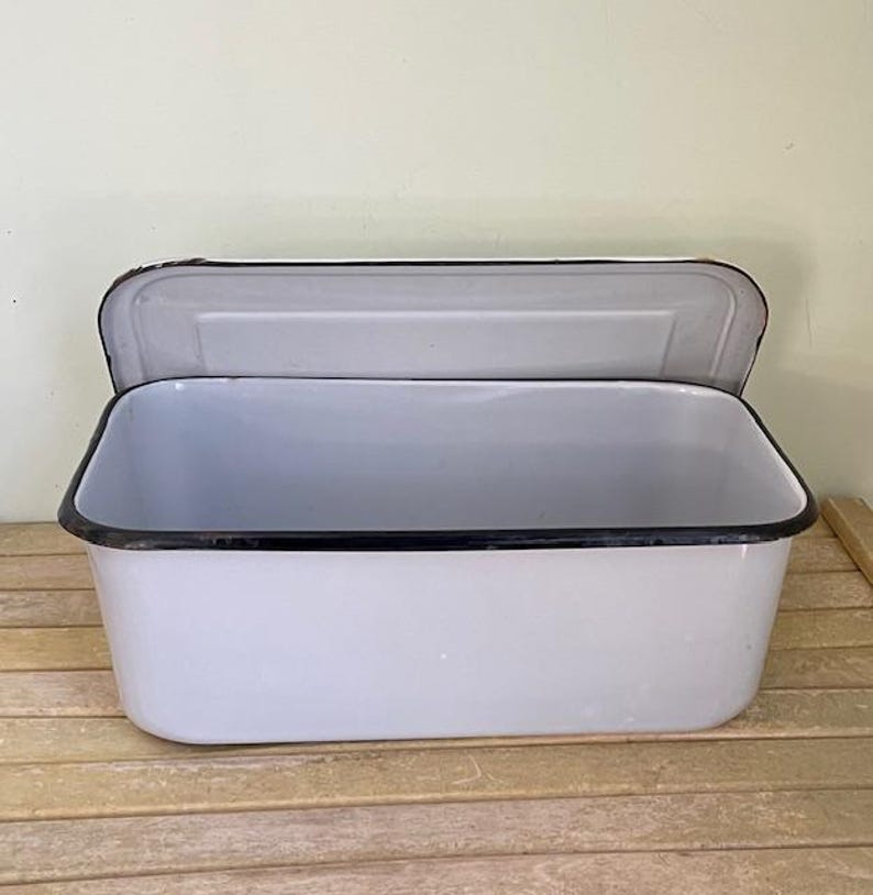 Vintage Enamel Refrigerator Container, White With Black Trim Enamelware ...