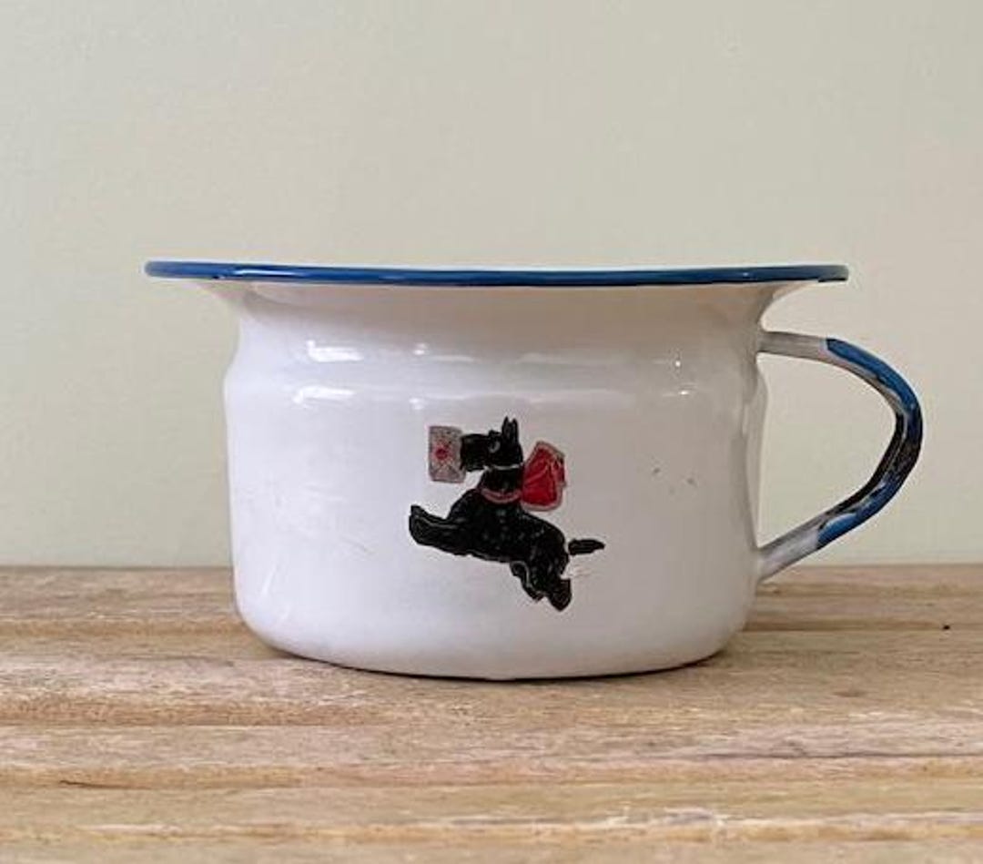 Vintage Enamel Child's Potty Chair Pot, White With Blue Trim and Scotty ...