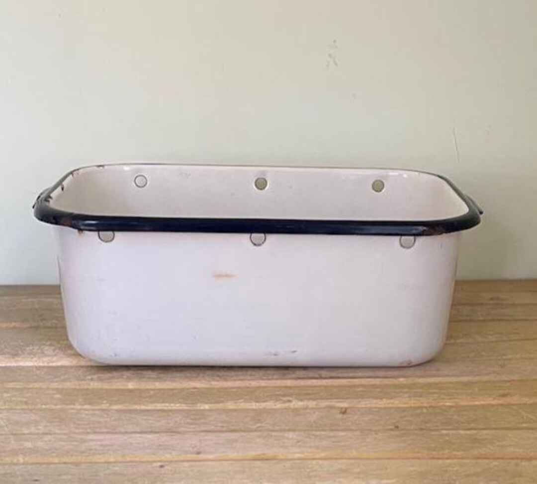 Enamel Refrigerator Container, Vintage White With Blue Trim Enamelware ...