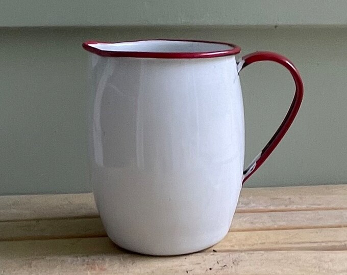 Vintage Enamel Water Pitcher, White With Red Trim Enamelware - Etsy