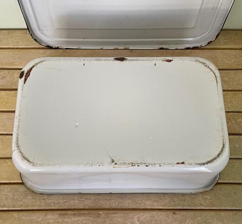 Vintage Enamel Refrigerator Container, White With Black Trim Enamelware ...