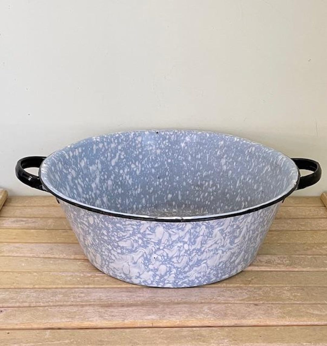 Large Vintage Enamel Wash Basin With Handles, Blue and White Swirl With ...
