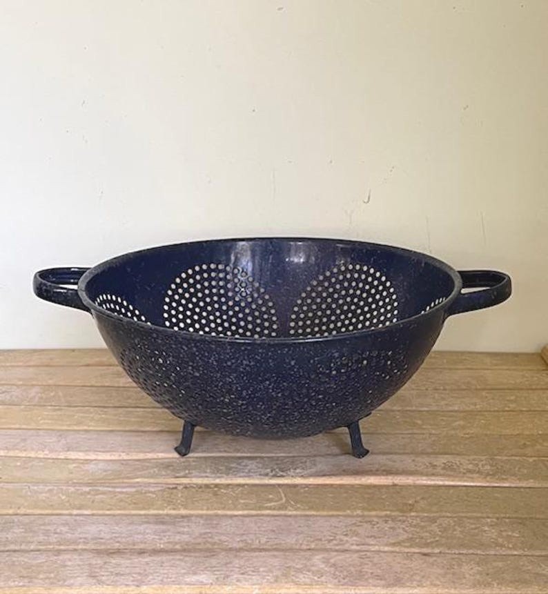 Vintage Graniteware Strainer, Blue Speckled Enamel Colander, Farmhouse ...