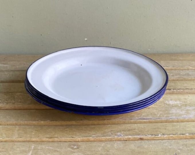 Four Vintage Enamel Plates, White With Blue Trim Enamel - Etsy