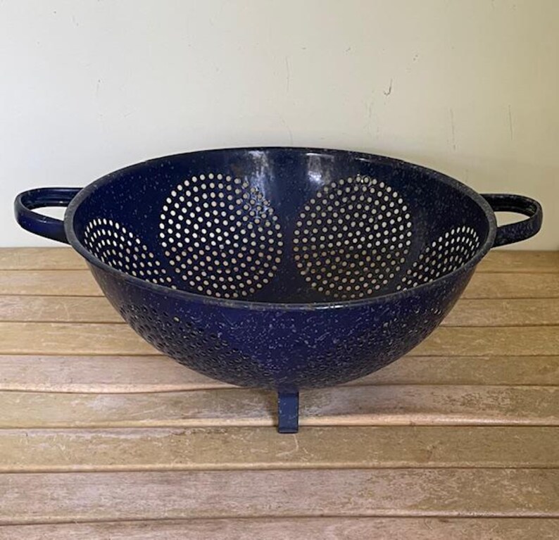 Vintage Graniteware Strainer, Blue Speckled Enamel Colander, Farmhouse ...