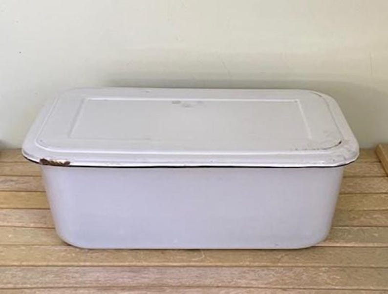 Vintage Enamel Refrigerator Container, White With Black Trim Enamelware ...