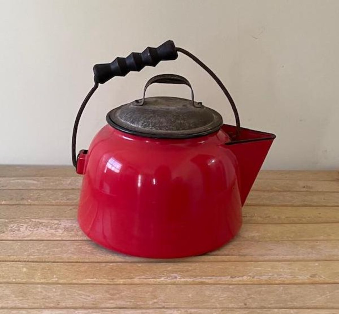 Vintage Red Enamel Tea Kettle, Camping Tea Pot - Etsy