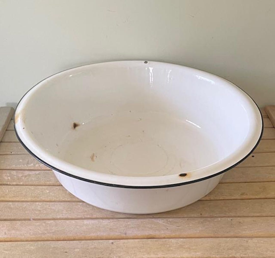 Vintage Enamel Wash Basin, White With Black Trim Enamel Farm Basin - Etsy