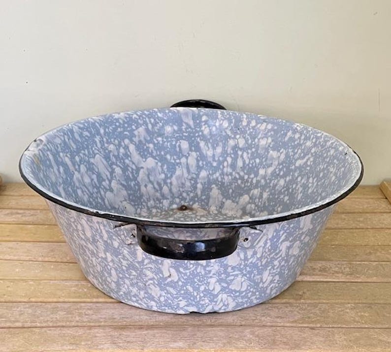 Large Vintage Enamel Wash Basin With Handles, Blue and White Swirl With ...