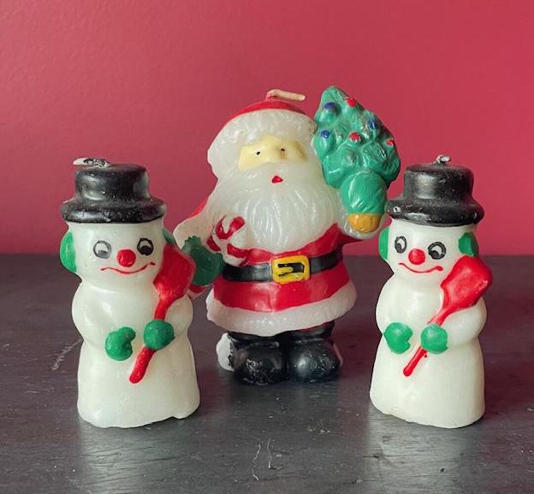 Three Vintage Christmas Candles, Santa Claus Candle, Two Snowmen ...