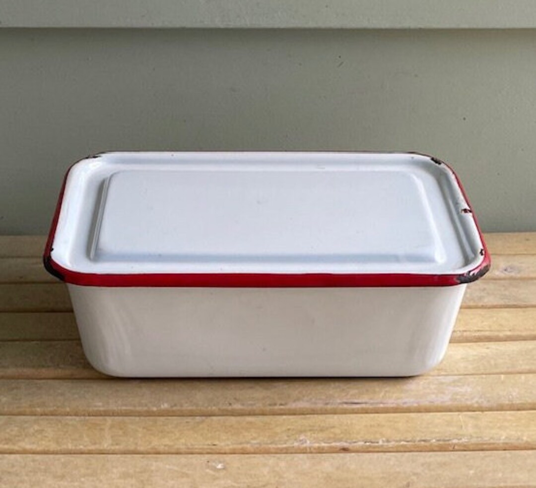 Enamel Refrigerator Container, Vintage White With Red Trim Enamelware ...