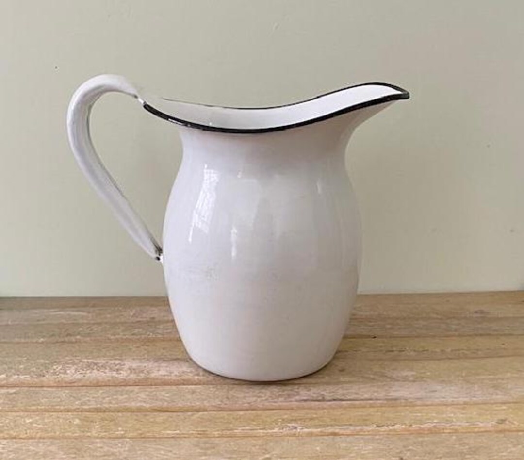 Enamel Water Pitcher, Vintage White With Black Trim Enamelware, Vintage ...