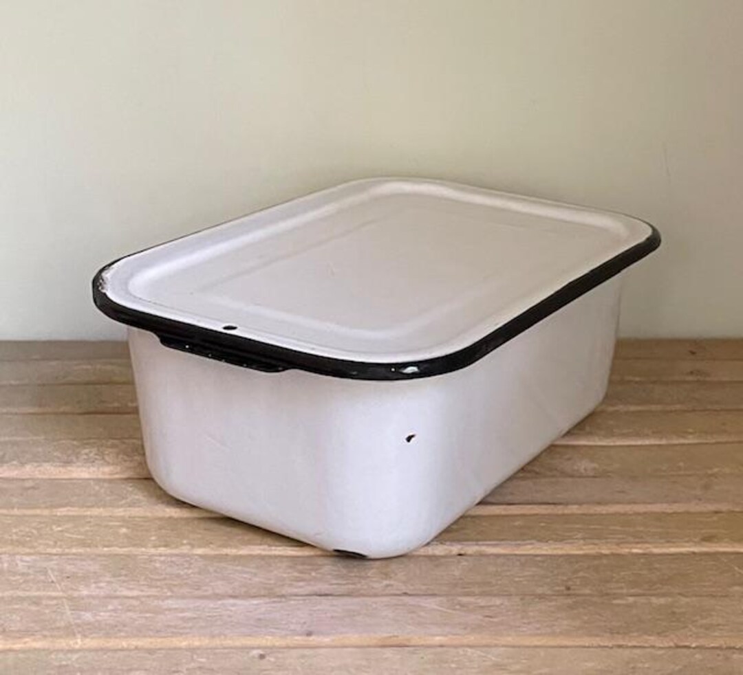 Enamel Refrigerator Container, Vintage White With Black Trim Enamelware ...