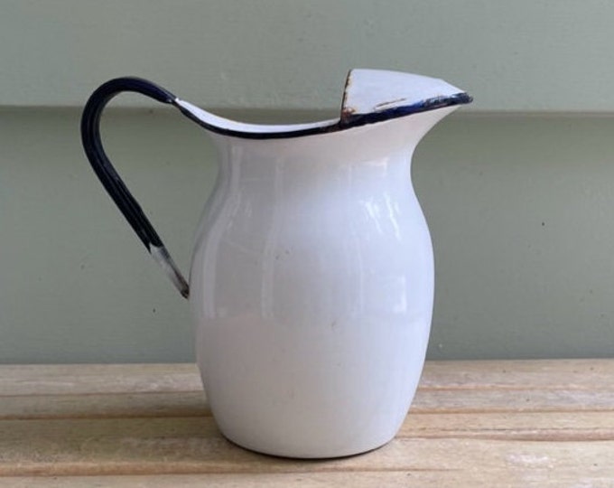 Enamel Water Pitcher, Vintage White With Black Trim Enamelware - Etsy