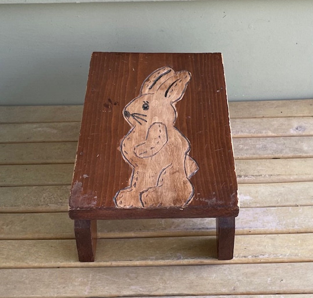 Vintage Wood Step Stool With Pyrography Rabbit, Child's Seat - Etsy