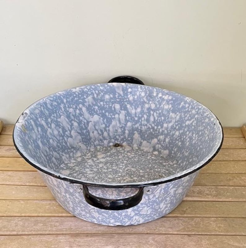 Large Vintage Enamel Wash Basin With Handles, Blue and White Swirl With ...