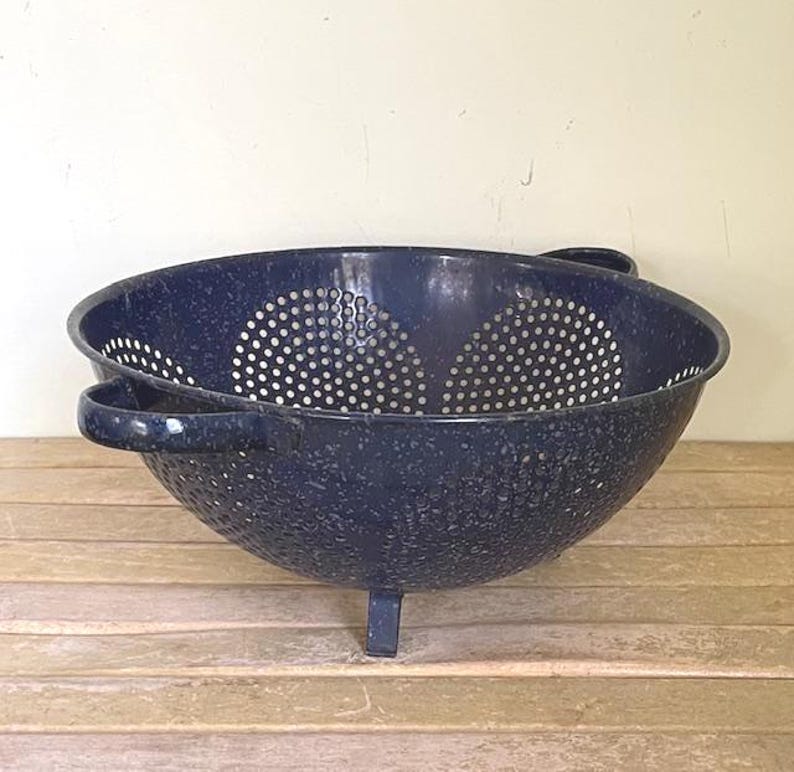 Vintage Graniteware Strainer, Blue Speckled Enamel Colander, Farmhouse ...