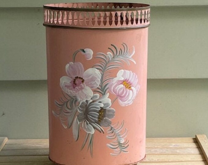 Vintage Pink Metal Wastebasket With Hand Painted Colorful Flowers - Etsy