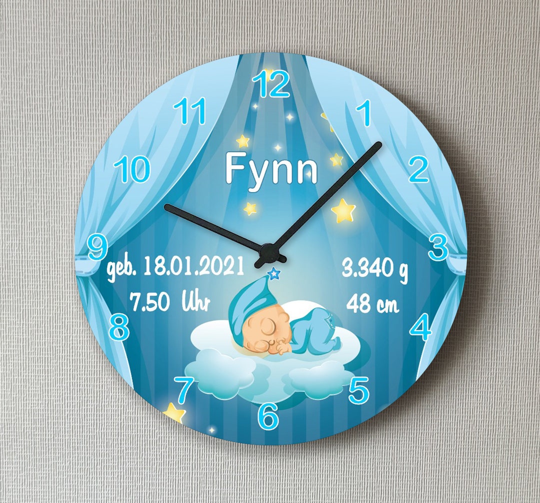 Wanduhr Kinderzimmer Baby Jungen Geburtsuhr Daten Namen Kinderwanduhr Geschenk Geburt Uhr Taufe ...