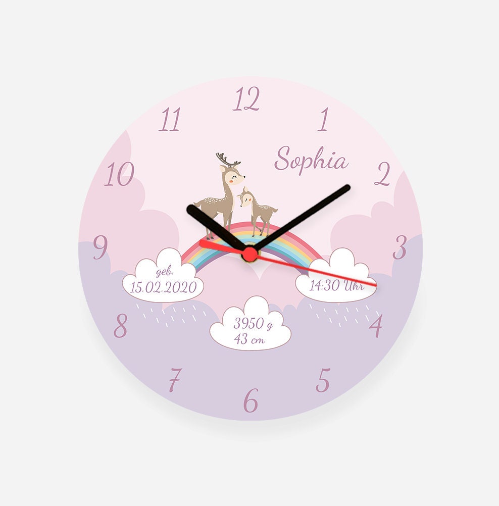 Wanduhr Regenbogen Kinderzimmer Uhr Wolke personalisiert mit Name Geburtsdaten Rehe ohne Ticken ...