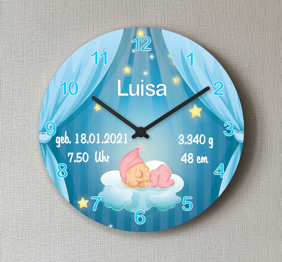 Wanduhr ohne Ticken personalisiert Geschenk Geburt Taufe Kinderzimmer Uhr Baby Geburtsuhr ...