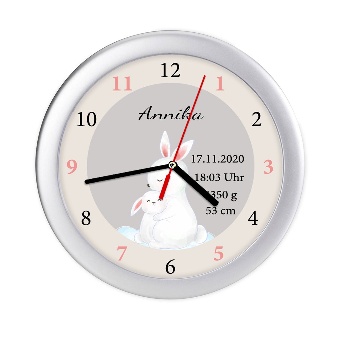 Kinderzimmer Wanduhr Hase personalisiert Geschenk Geburt Taufe Baby Geburtsuhr Kinderuhr ...