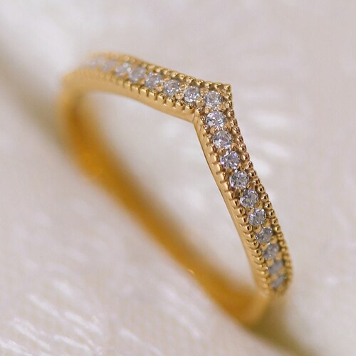 Milgrain Pave Curved Band V Ring Wedding Band Stacking - Etsy