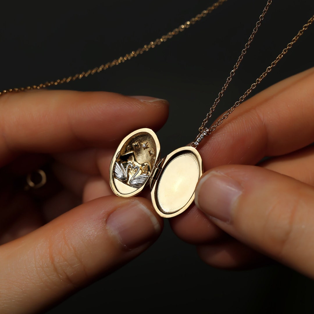 Swan Lake Locket Necklace, Locket Necklace, Oval Locket Necklace, Gold ...