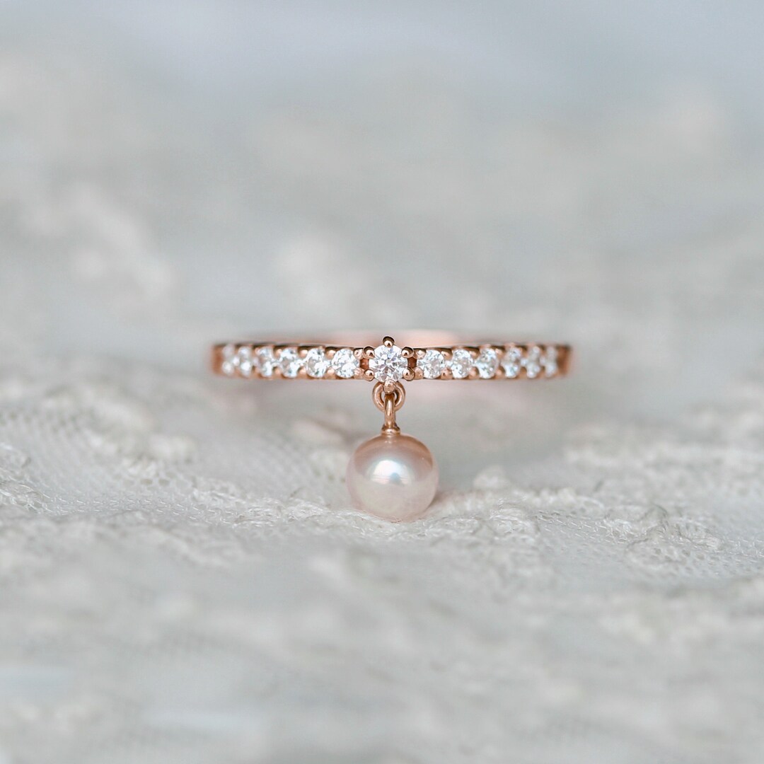 Pearl Dangle Ring, Pearl Ring, Stackable Ring, Dangle Ring, Rosegold ...