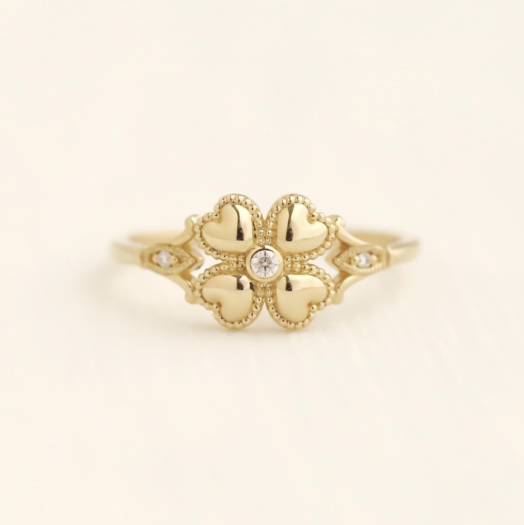 Four Leaf Clover Ring, Statement Ring, Clover Ring, Gold Ring, Diamond ...
