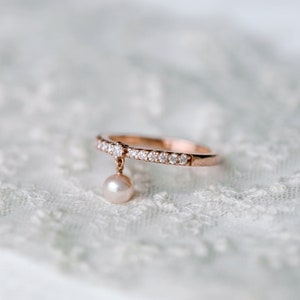 Pearl Dangle Ring, Pearl Ring, Stackable Ring, Dangle Ring, Rosegold ...