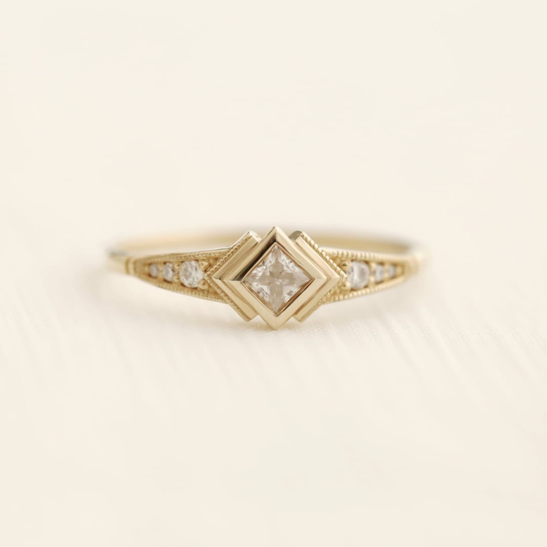Carre Deco Ring, Engagement Ring, Wedding Ring, Gold Ring, Moissanite ...