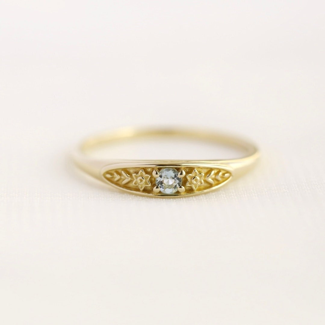 March Birth Ring, Birthstone Ring, Birthflower Ring, Aquamarine Ring ...