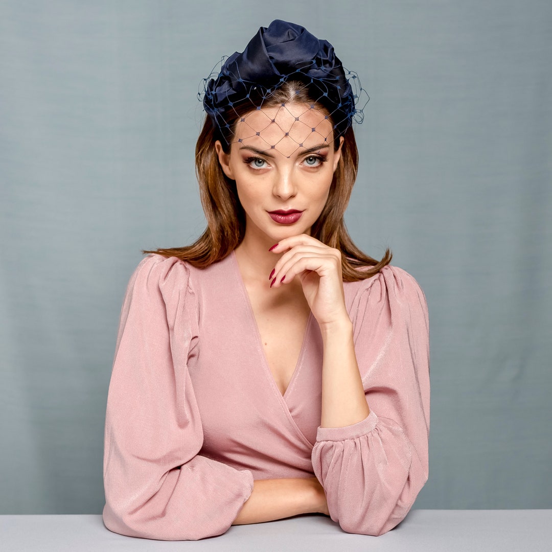 Navy Blue Evening Headband With Veil on Face ,silk Turban Headband With ...