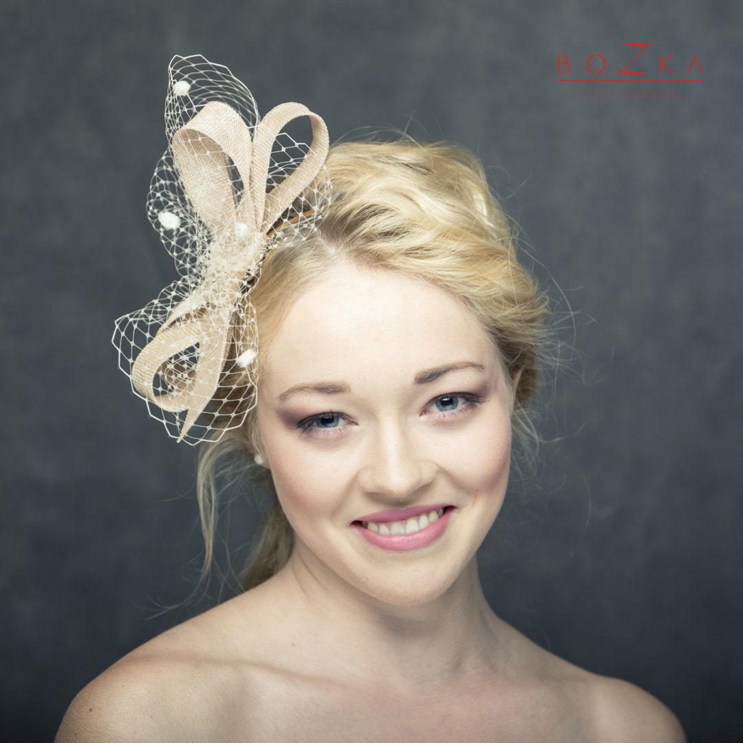 Modern Beige Fascinator With French Veiling, Beige Veiling With Spots ...