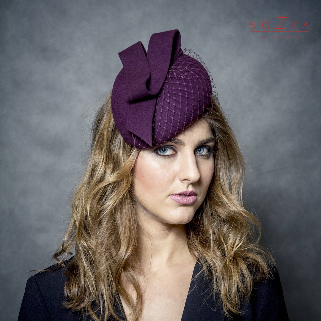 Burgundy Wool Felt Queen Kate Shape Hat With Netting ,pink Cocktail ...