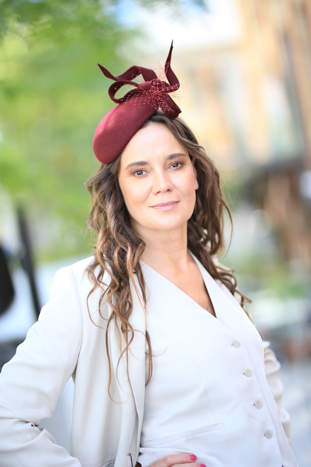 Burgundy Wool Felt Queen Kate Shape Hat With Bow and Netting ,claret ...