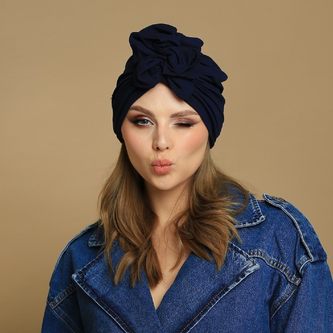 Navy Blue Turban With Decoration for Women, Elastic Turban, Summer ...